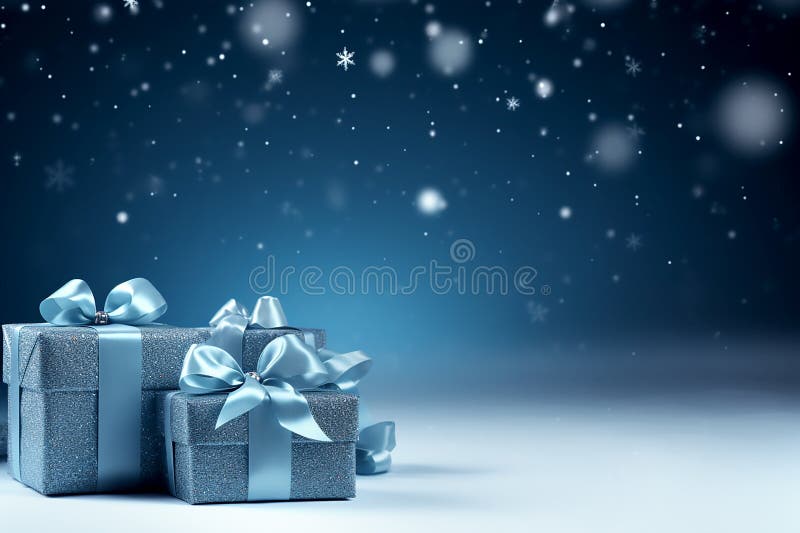 Christmas Silver Boxes with Blue Bows on Blue Background of Bokeh ...