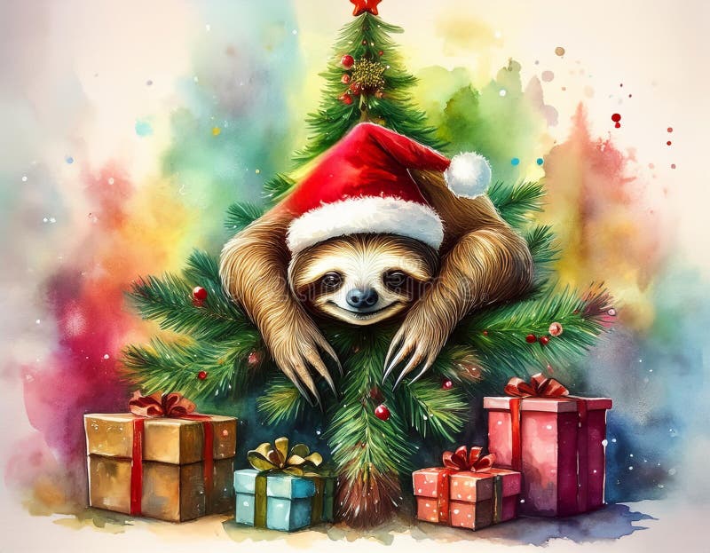 Christmas Sloth in Tree Cartoon Stock Image - Image of animal, gifts ...