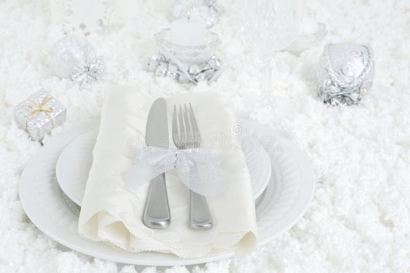 Christmas Snow Dinner Table Setting Stock Photo - Image of beverage ...
