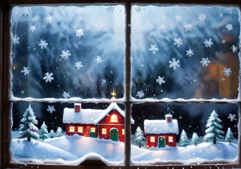 A Christmas Snow Scene Painted on a Window, with Real Snow Falling ...