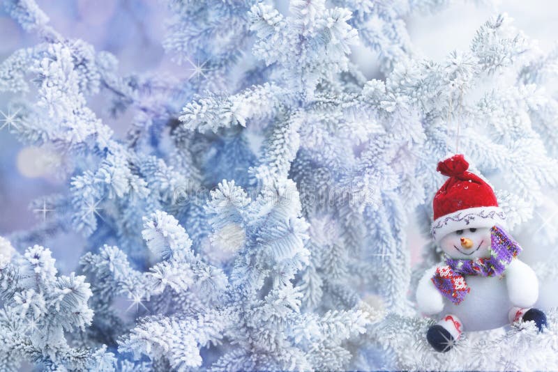 Christmas Snowman Hanging on a Snow Tree Branch Stock Image - Image of ...