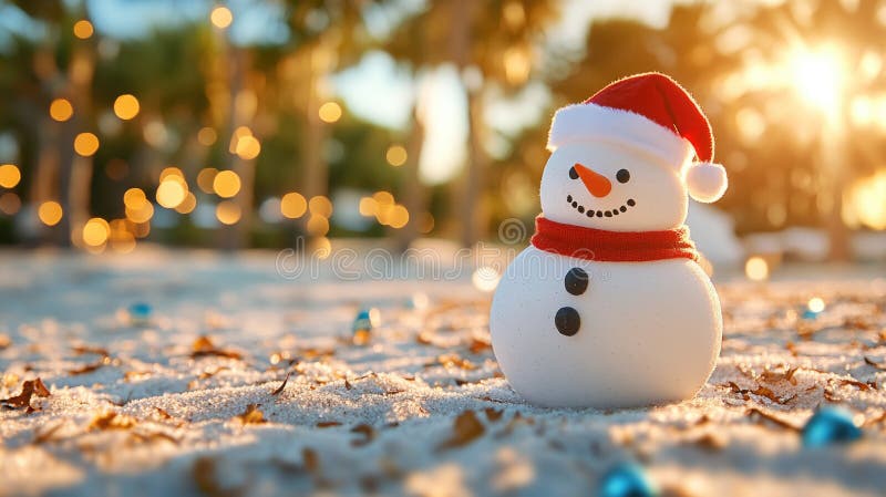 Christmas Snowman on Tropical Beach at Sunset with Festive Decorations ...