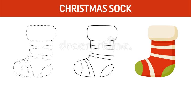 Christmas Sock Tracing and Coloring Worksheet for Kids Stock Vector ...
