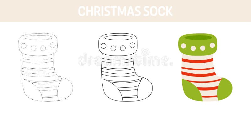 Christmas Sock Tracing and Coloring Worksheet for Kids Stock Vector ...