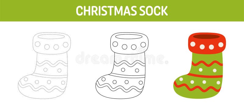 Christmas Sock Tracing and Coloring Worksheet for Kids Stock Vector ...