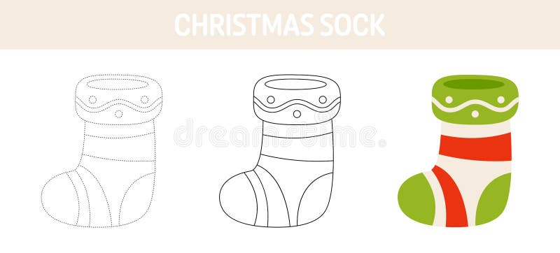 Christmas Sock Tracing and Coloring Worksheet for Kids Stock Vector ...