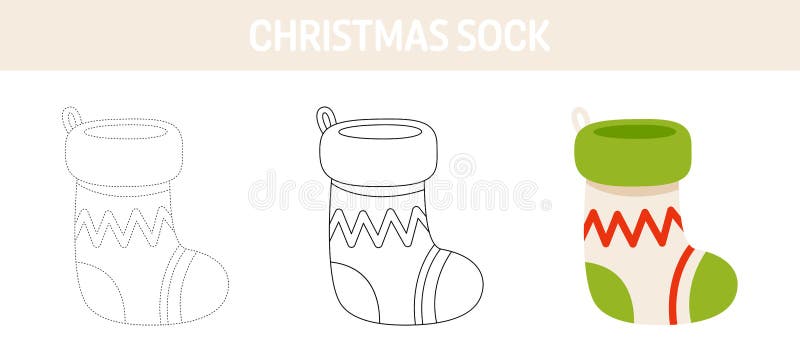 Christmas Sock Tracing and Coloring Worksheet for Kids Stock Vector ...