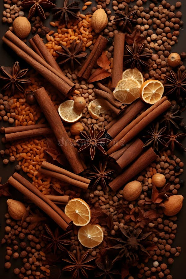 Christmas Spices, Fruit Pieces, Baubles, Seeds and Leaves Abstract ...