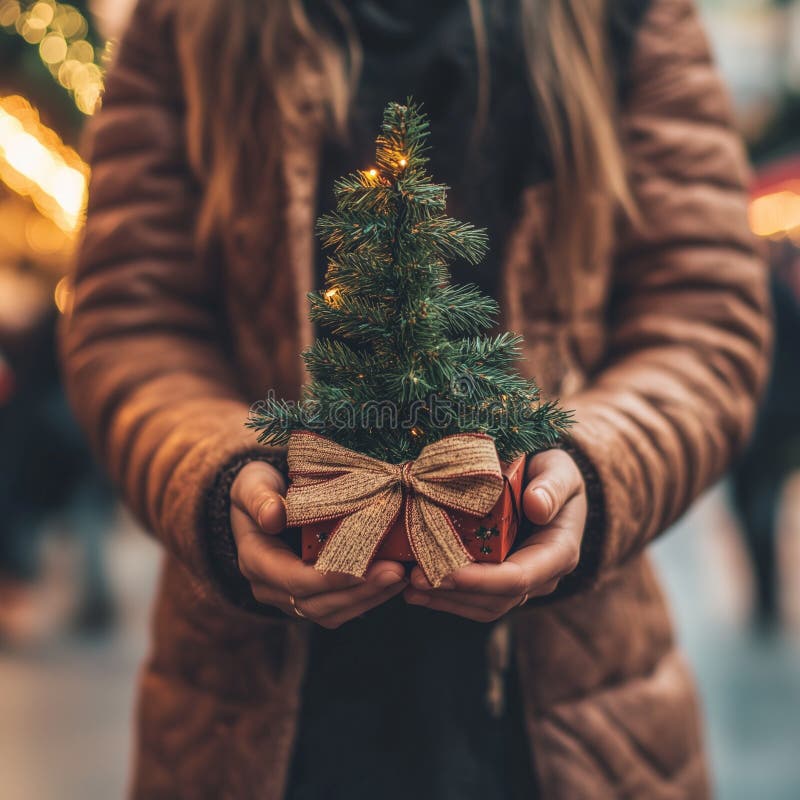 Christmas Spirit in Hands, Gift and Mini Tree Stock Illustration ...