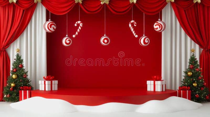 Christmas Stage with Red Curtains, Gift Boxes, and Candy Canes in a ...