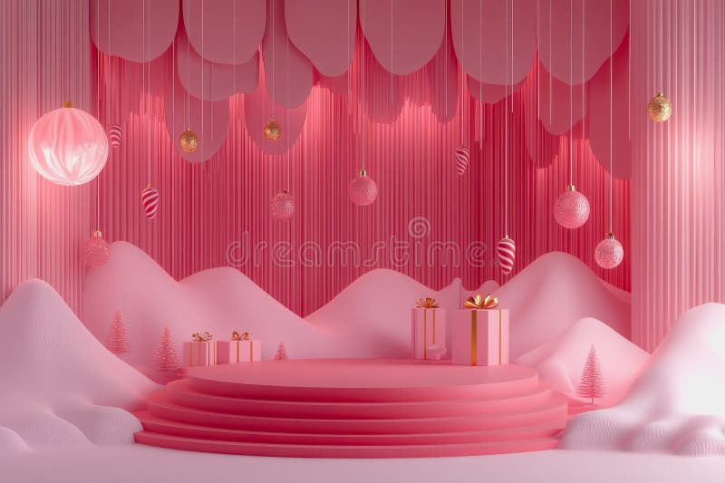 Christmas Stage with Red Curtains, Gift Boxes, and Candy Canes in a ...