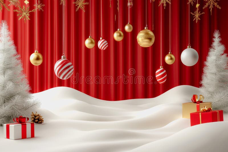 Christmas Stage with Red Curtains, Gift Boxes, and Candy Canes in a ...