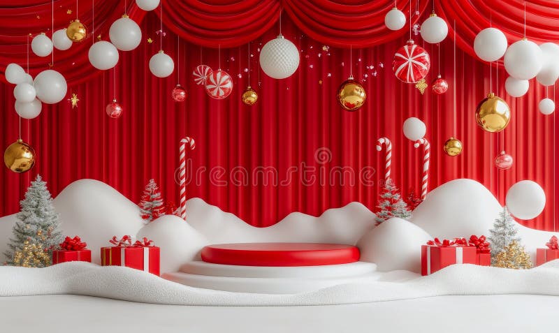 Christmas Stage with Red Curtains, Gift Boxes, and Candy Canes in a ...