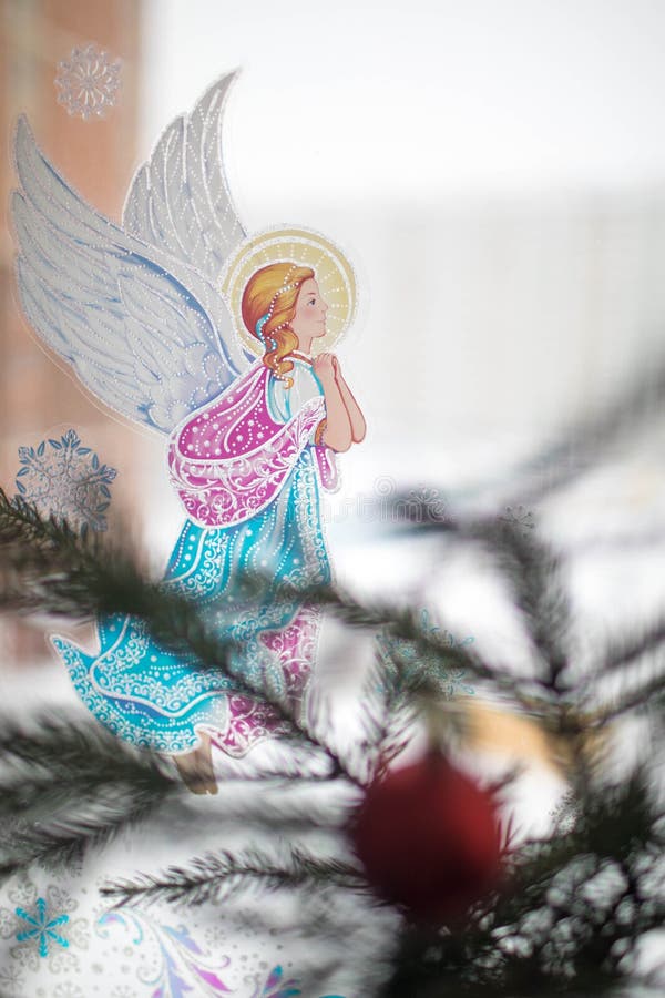 Christmas Sticker on the Window Angel Stock Photo - Image of light ...