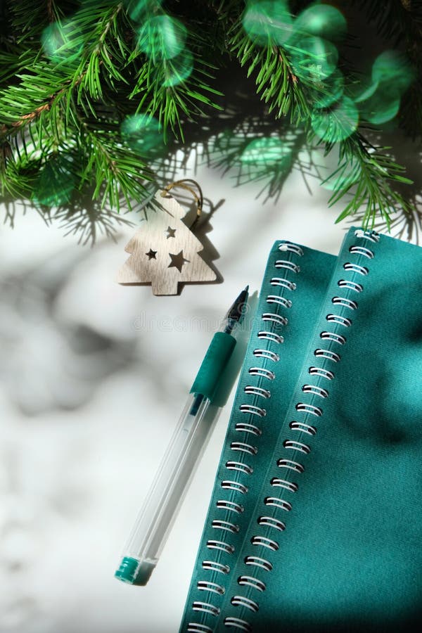 Christmas Still Life with Branch of Christmas Tree and Notepads ...