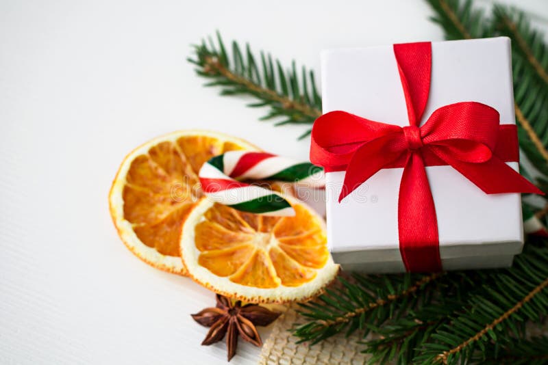 Christmas Still Life with a Gift on the White Background. Copy Space ...