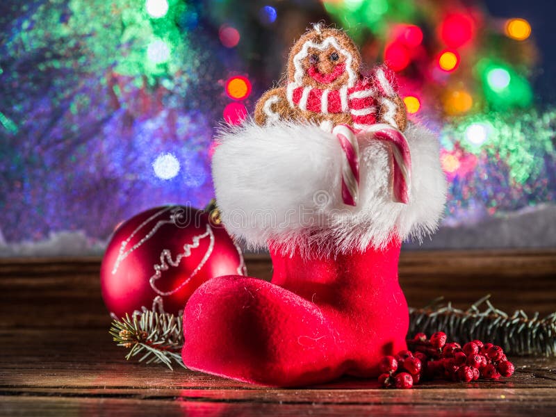 Christmas Stocking, Toy Ginger Man and Candy Canes. Stock Image - Image ...
