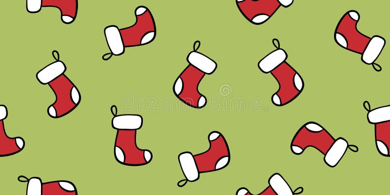 Christmas Stockings Seamless Pattern on Green, Doodle Style Vector ...