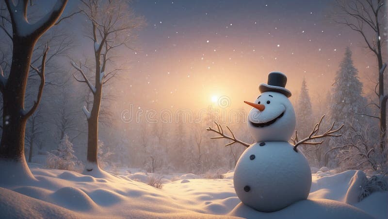Christmas Sunset, Comic Snowman in the Forest. AI Generated Stock ...