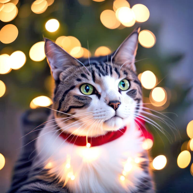 Christmas Tabby Cat in Holiday Lights Stock Illustration - Illustration ...