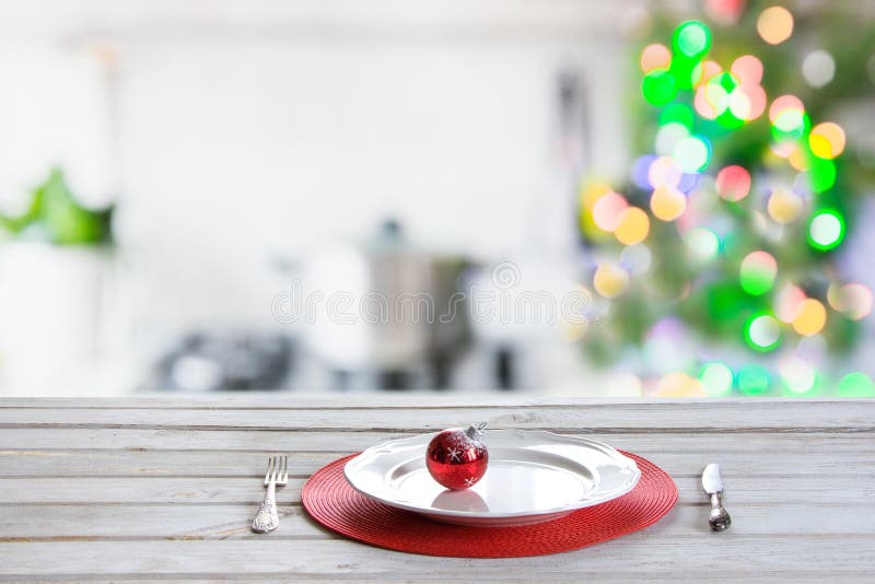 Christmas Table Background with Christmas Tree in Kitchen Out of Focus ...
