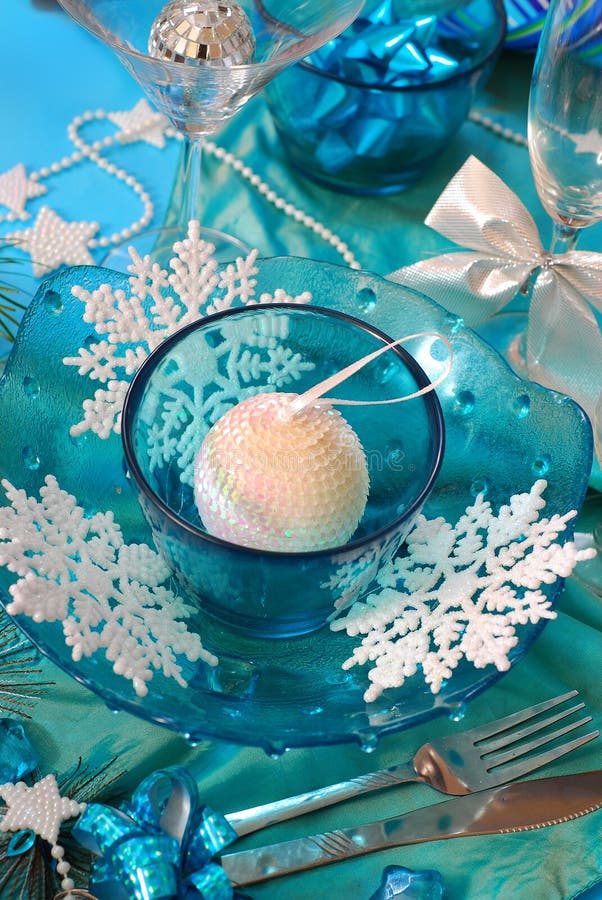 Christmas Table Decoration in Turquoise Colors Stock Image - Image of ...