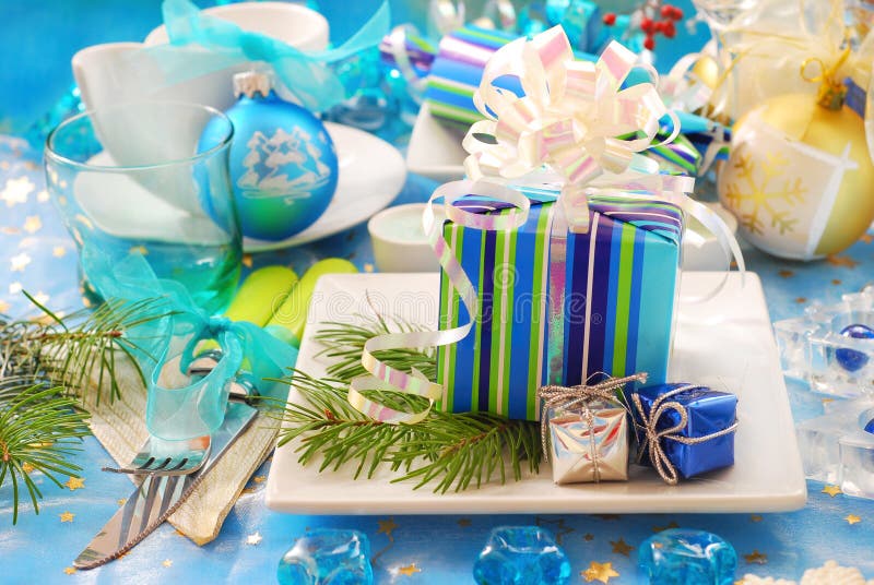Christmas Table with Gift Box Decoration Stock Image - Image of ...