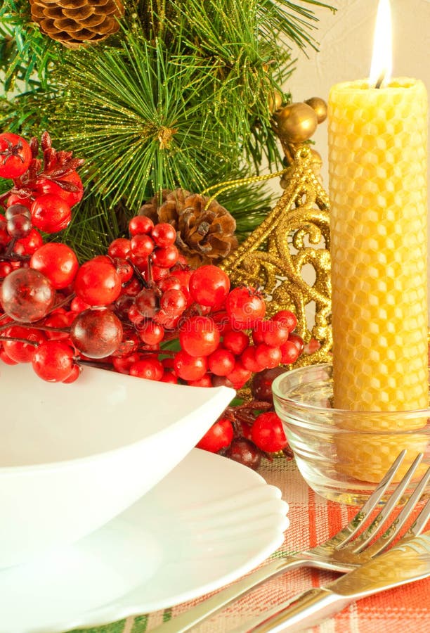 Christmas Table Layout with a Branch of Berries Stock Image - Image of ...