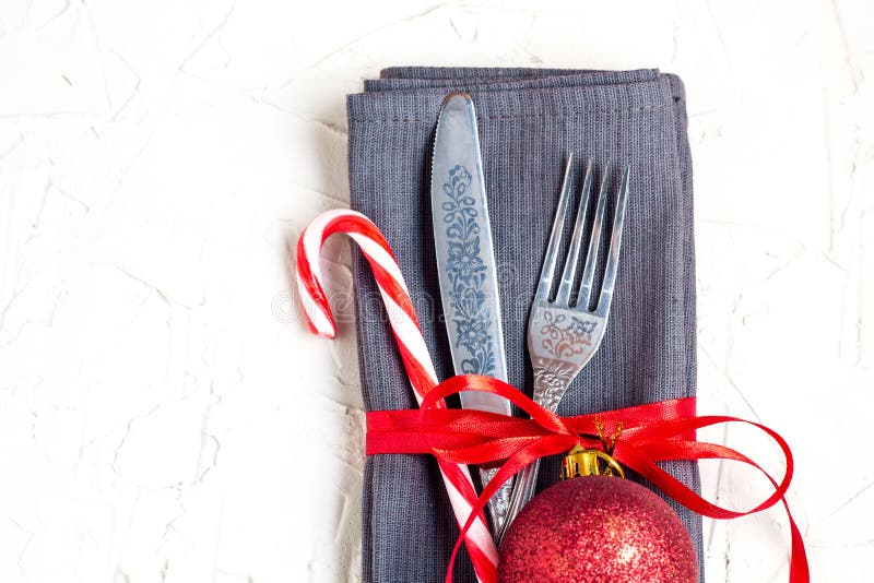 Christmas Table Place Setting with Knife, Fork, Red Ball, Candy Cane ...