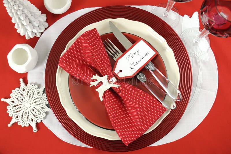 Christmas Table Place Settings in Red and White Stock Photo - Image of ...