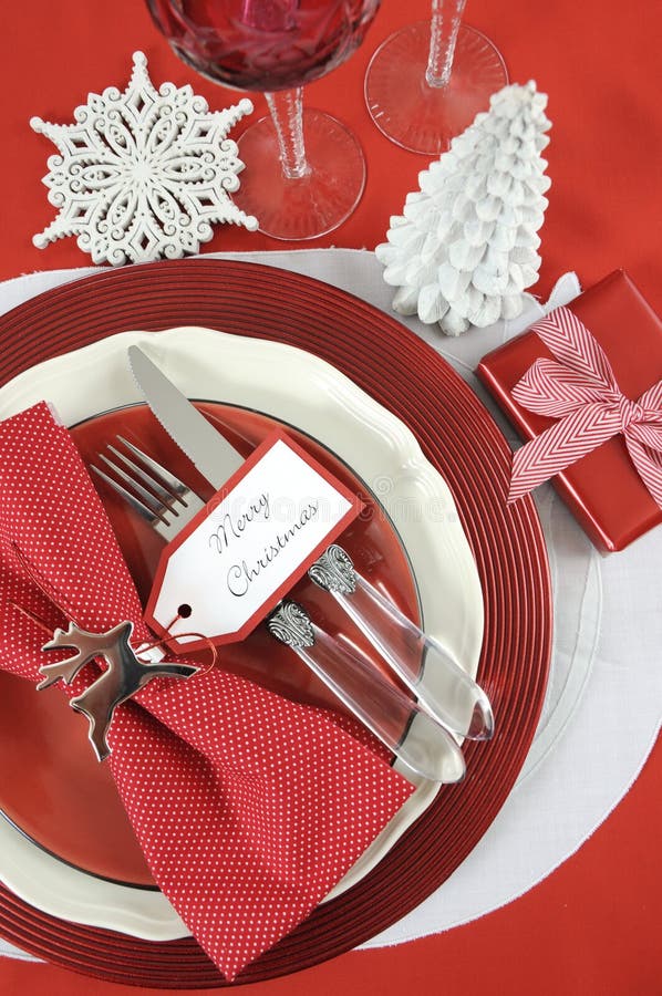 Christmas Table Place Settings in Red and White Stock Photo - Image of ...