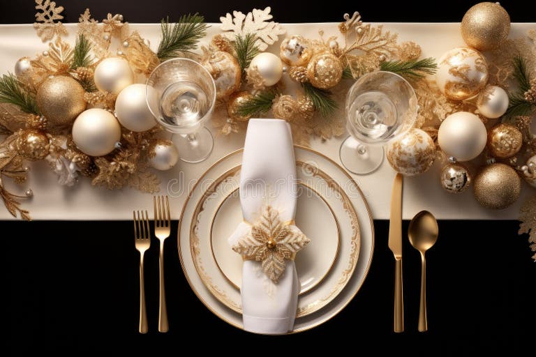 Christmas Table Setting with Dishware, Silverware and Decorations on ...