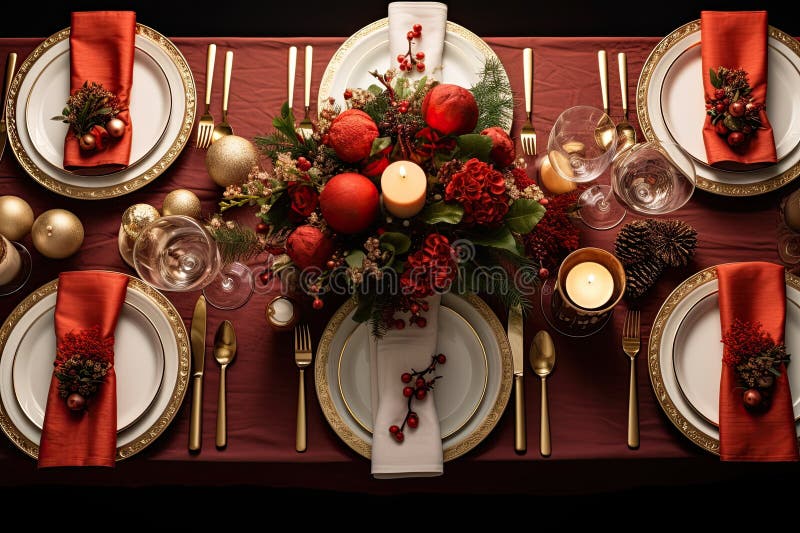 Christmas Table Setting with Dishware, Silverware and Decorations on ...