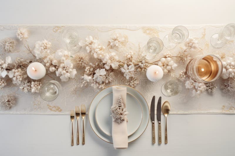 Christmas Table Setting with Dishware, Silverware and Decorations on ...