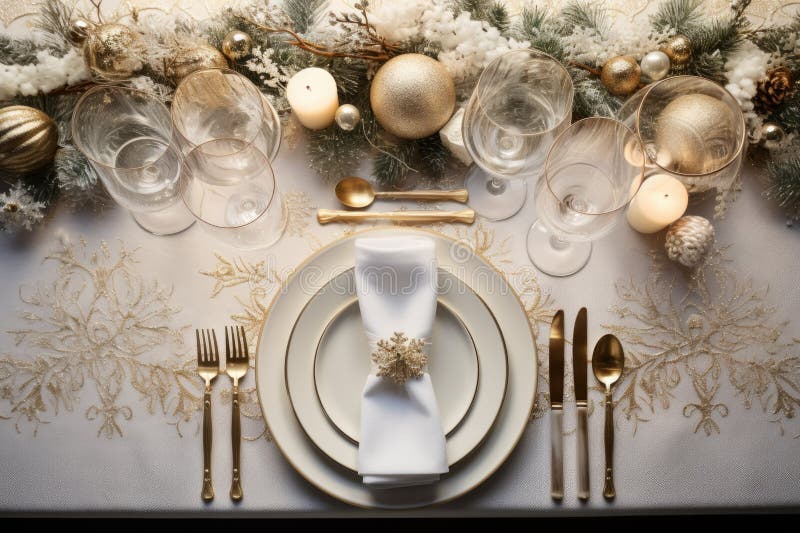 Christmas Table Setting with Dishware, Silverware and Decorations on ...