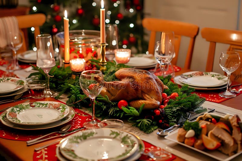 Christmas Table Setting: Festive Dinner with Roasted Turkey Stock ...