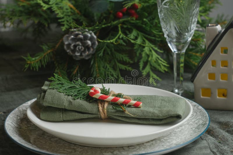 Christmas Table Setting. Festive Dinnerware on Table. Stock Image ...