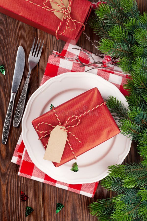 Christmas Table Setting with Gift Box and Fir Tree Stock Image - Image ...