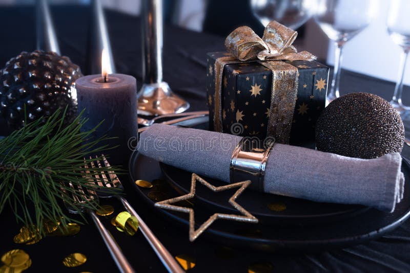 Christmas Table Setting with Gift Stock Image - Image of black, bauble ...