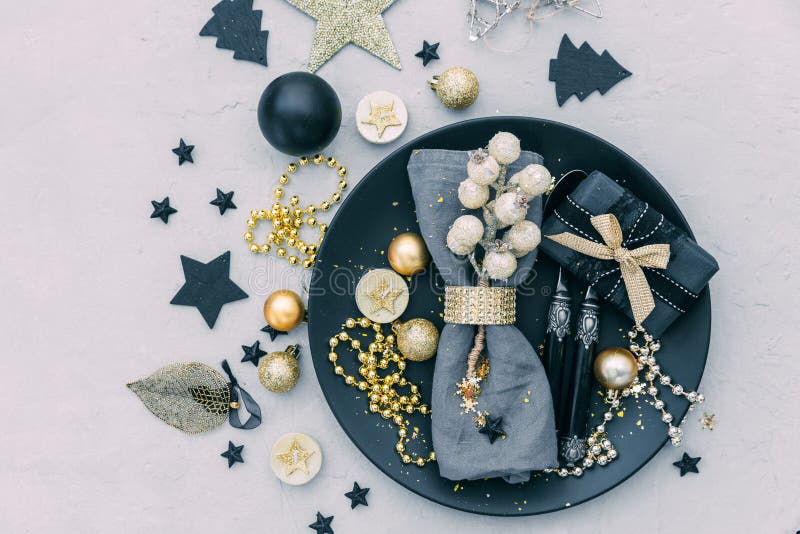 Christmas Table Setting with Gift. Top View Stock Photo - Image of ...