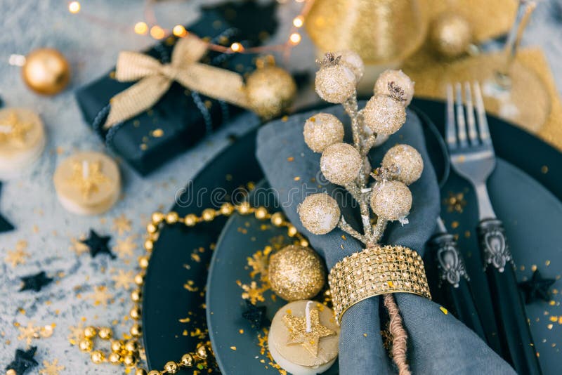 Christmas Table Setting with Gift. Top View Stock Image - Image of ...