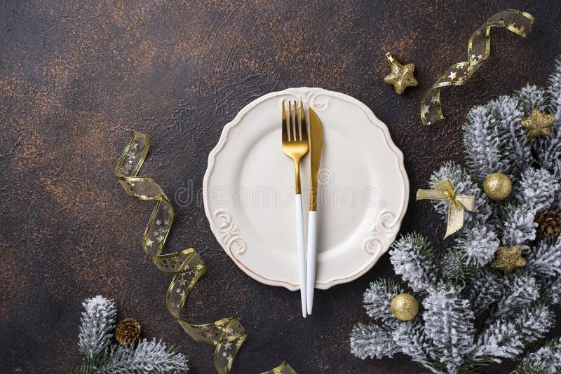 Christmas Table Setting and Golden Decor Stock Photo - Image of decor ...