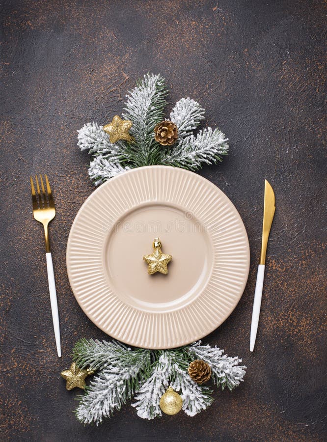 Christmas Table Setting and Golden Decor Stock Image - Image of ...