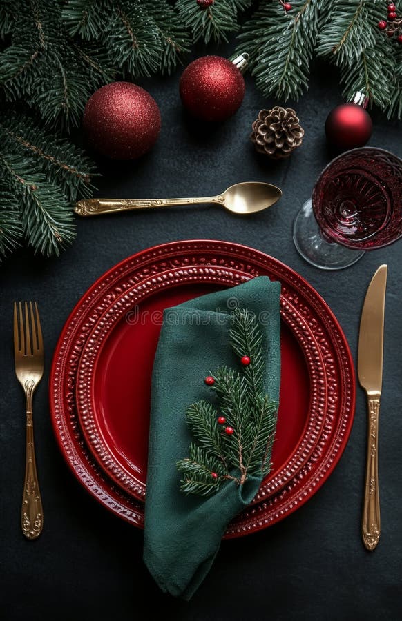 Christmas Table Setting with Red Plate, Green Napkin, and Cutlery on ... Christmas Table Setting with Red Plate, Green Napkin, and Cutlery on ...