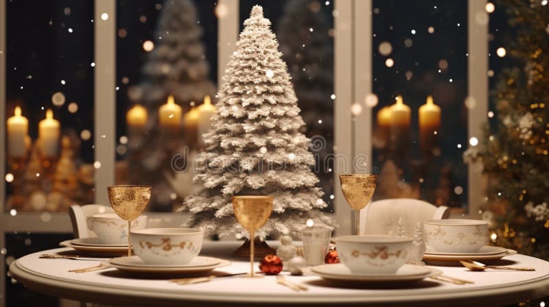 Christmas Table Setting with Christmas Trees and Decorations Stock ...