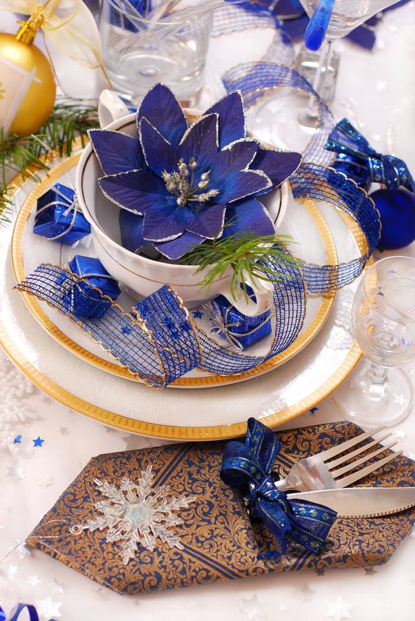 Christmas Table Setting in White and Blue Colors Stock Image - Image of ...