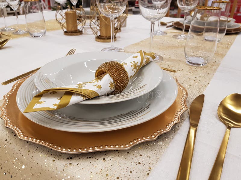 Christmas Table Setting in White and Golden Stock Image - Image of ...
