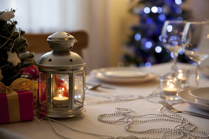 Christmas Table with Torch at Home Stock Photo - Image of candles ...