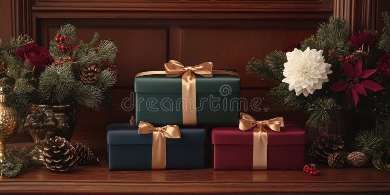 Christmas Tableau with Gifts and Decorative Elements Stock Illustration ...
