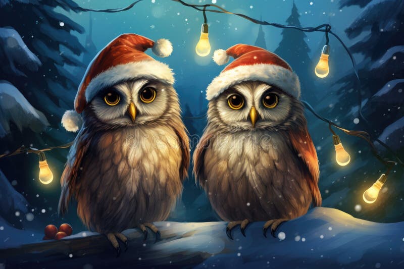 Christmas Tale with Cute Owls Illustration Stock Photo - Image of night ...
